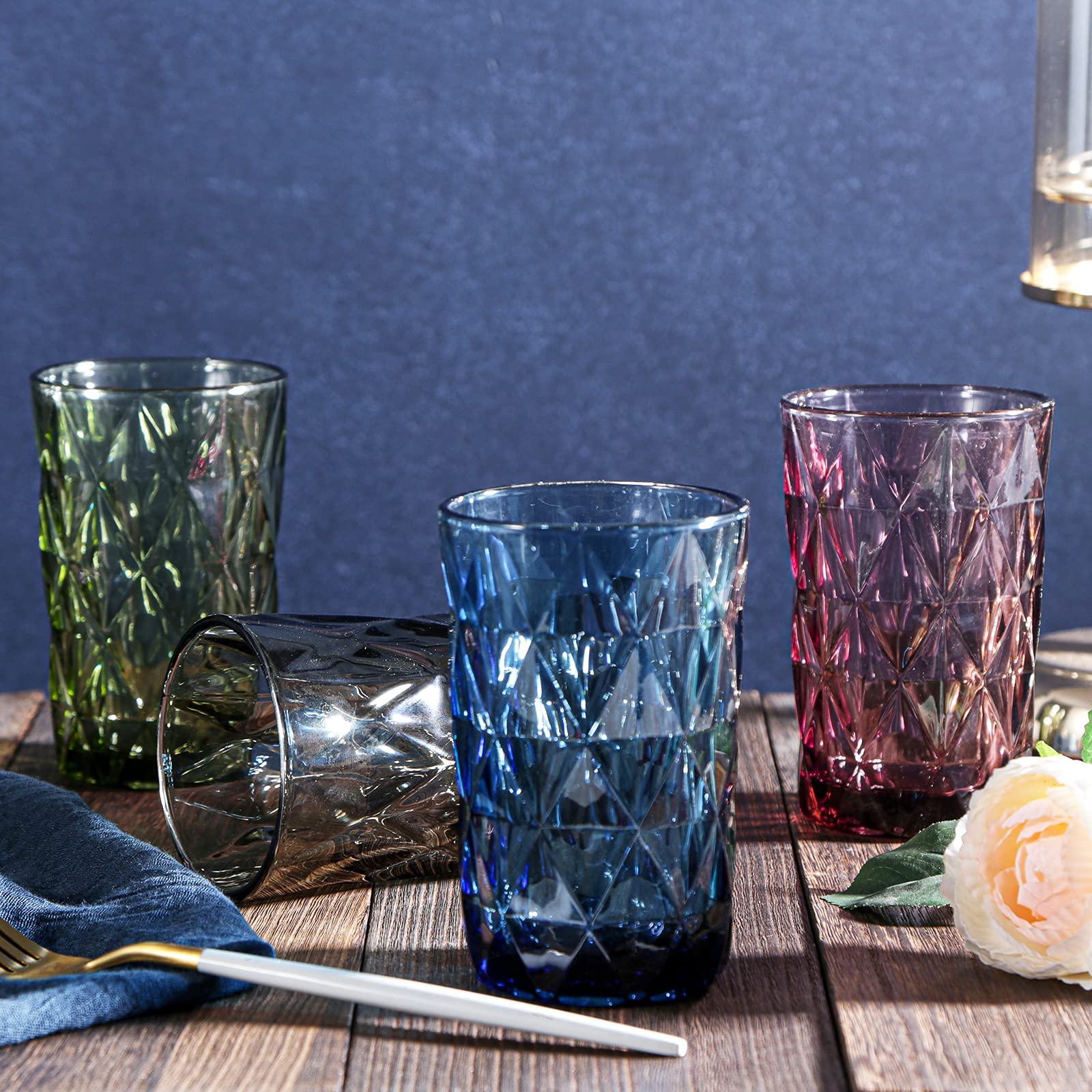 Bandesun Drinking Glass set of 6 Modern Glassware Diamond Pattern Tumbler Cup(12 OZ),for Water,Cocktail,Milk,Juice and Beverage