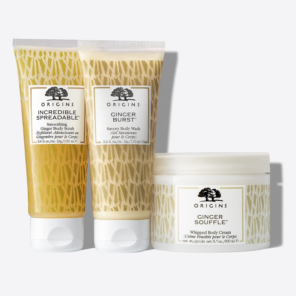 Origins Gift Set: Ginger Souffle Whipped Body Cream & Ginger Burst Savory Body Wash & Smoothing Ginger Body Scrub