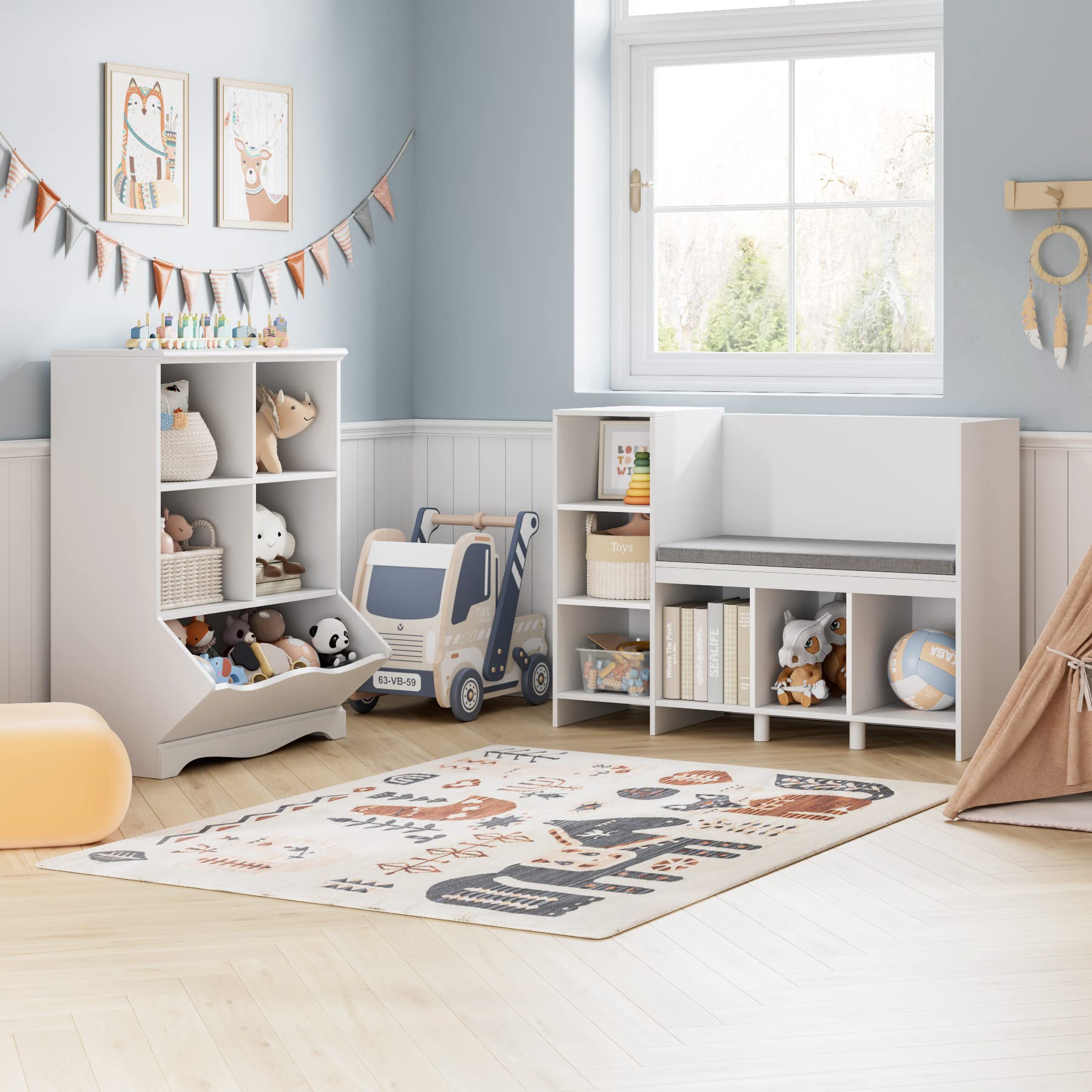 HOUSUIT 43.3" Kids Reading Nook Bench, Nursery Bookshelf and Bookcase with Seat Cushion, 6-Cubby Book Shelf Storage Organizer for Playroom, Bedroom, Living Room, Entryway, White