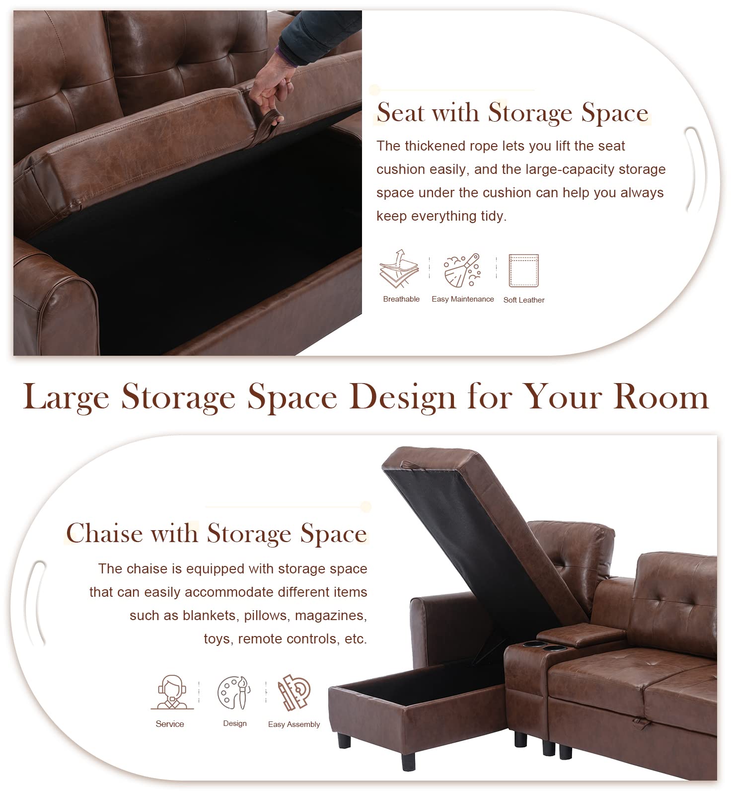 KINFFICT Modern PU Leather Sectional Sofa with Chaise, Comfy 3 Seat Sectional Couch with Storage, Cup Holders, and Comfy Headrest, L Shaped Couch Furniture Set for Living Room, Brown