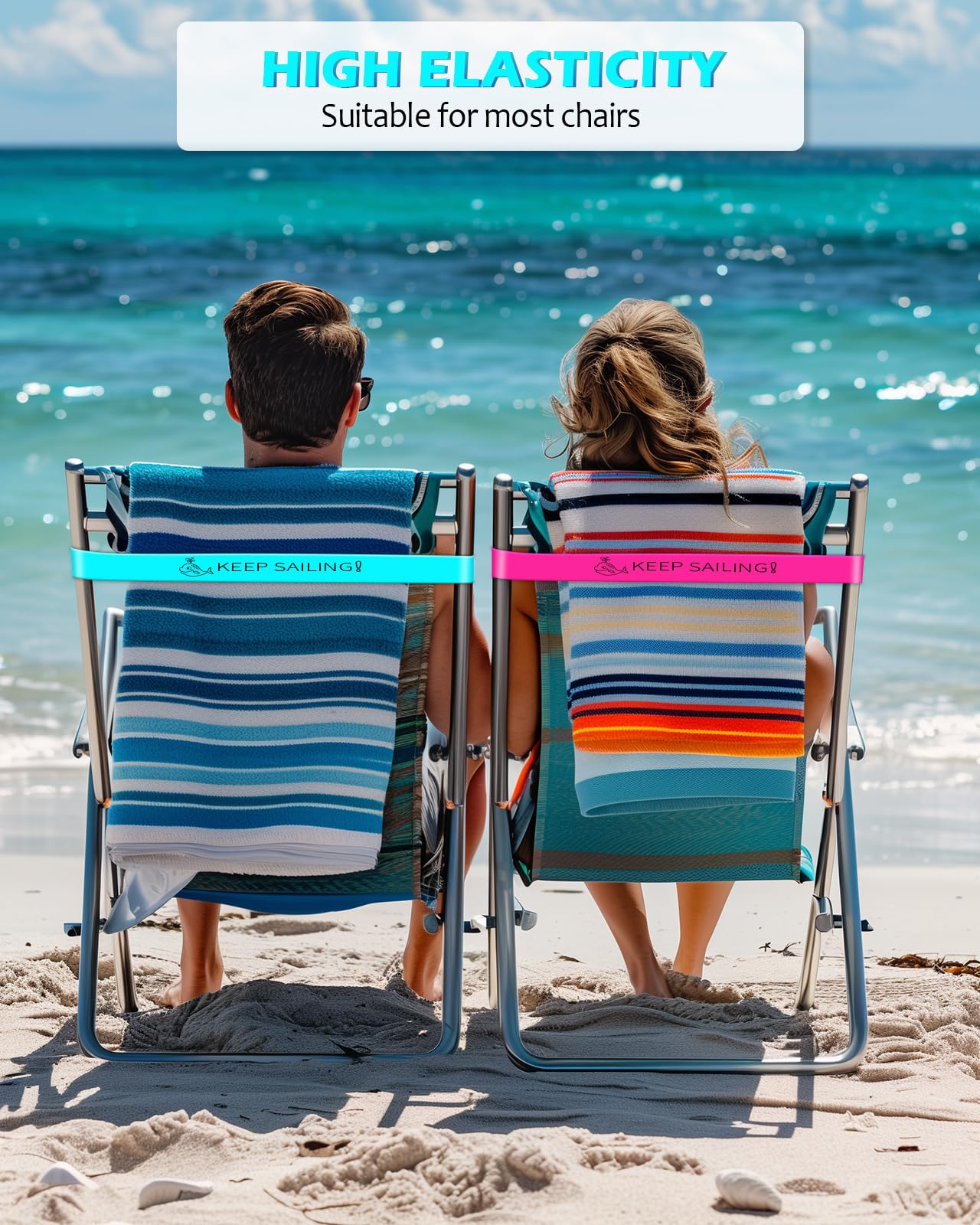 Beach Towel Bands, Stretch Rubber for Pool & Beach Chairs, Extra Durable, No Snapping, Cruise Ship & Beach Travel Essentials, Great Alternative to Beach Towel Clips (6 Pack)