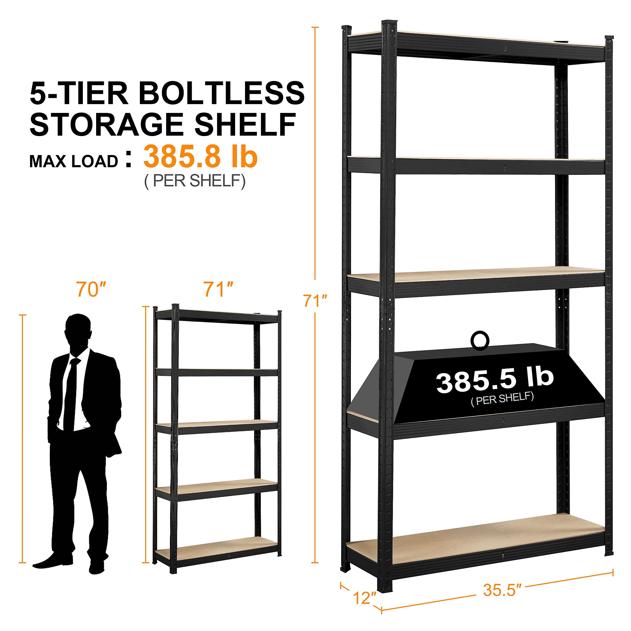 Topeakmart 2 PCS 5-Tier Utility Shelves, Metal Storage Shelves Garage Shelving Unit Adjustable Garage Storage Shelves Storage Racks Heavy Duty Shed Shelving- Black, 35.5 x 12 x 71 Inch