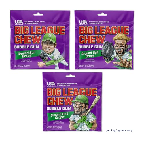 Big League Chew Ground Ball Grape Bubble Gum - Juicy Grape Flavor Explosion | Ideal for Baseball Games, Teams, Concessions, Parties, and Beyond | Pack of 12 Bags (2.12oz Each)
