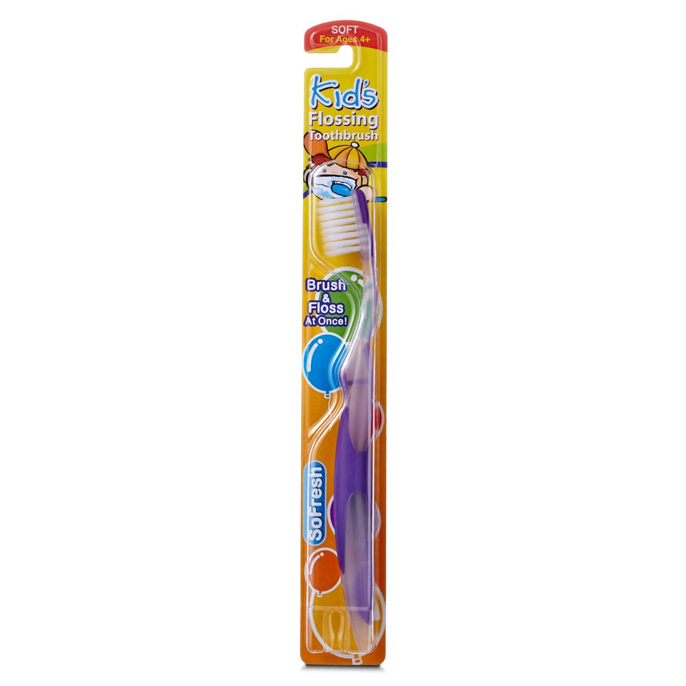 WELdental SoFresh Flossing Toothbrush - Kids Size Soft | You Choose Color and Quantity | Bundle with (1) Mint Xylitol Dental Floss Kid Size (3-Pack, Purple)