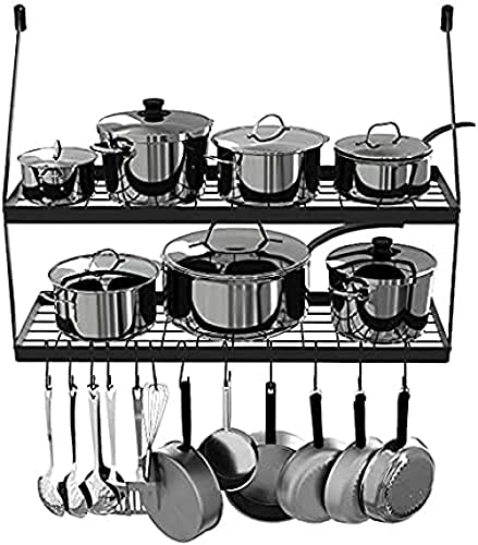 BERTY·PUYI Hanging Rack Mounted Kitchen Pot Rack for Kitchen Storage and Organization Matte Black 2 Tier Wall Shelf for Pots and Pans with 12 Hooks