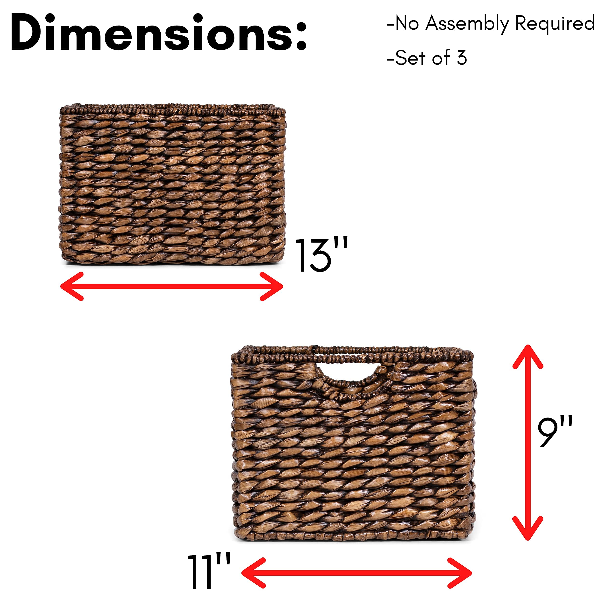 BIRDROCK HOME Storage Shelf Organizer Baskets with Handles - Set of 3 - Seagrass Wicker Basket - Pantry Living Room Office-Bathroom Shelves Organization - Under Shelf Basket - Handwoven (Natural)