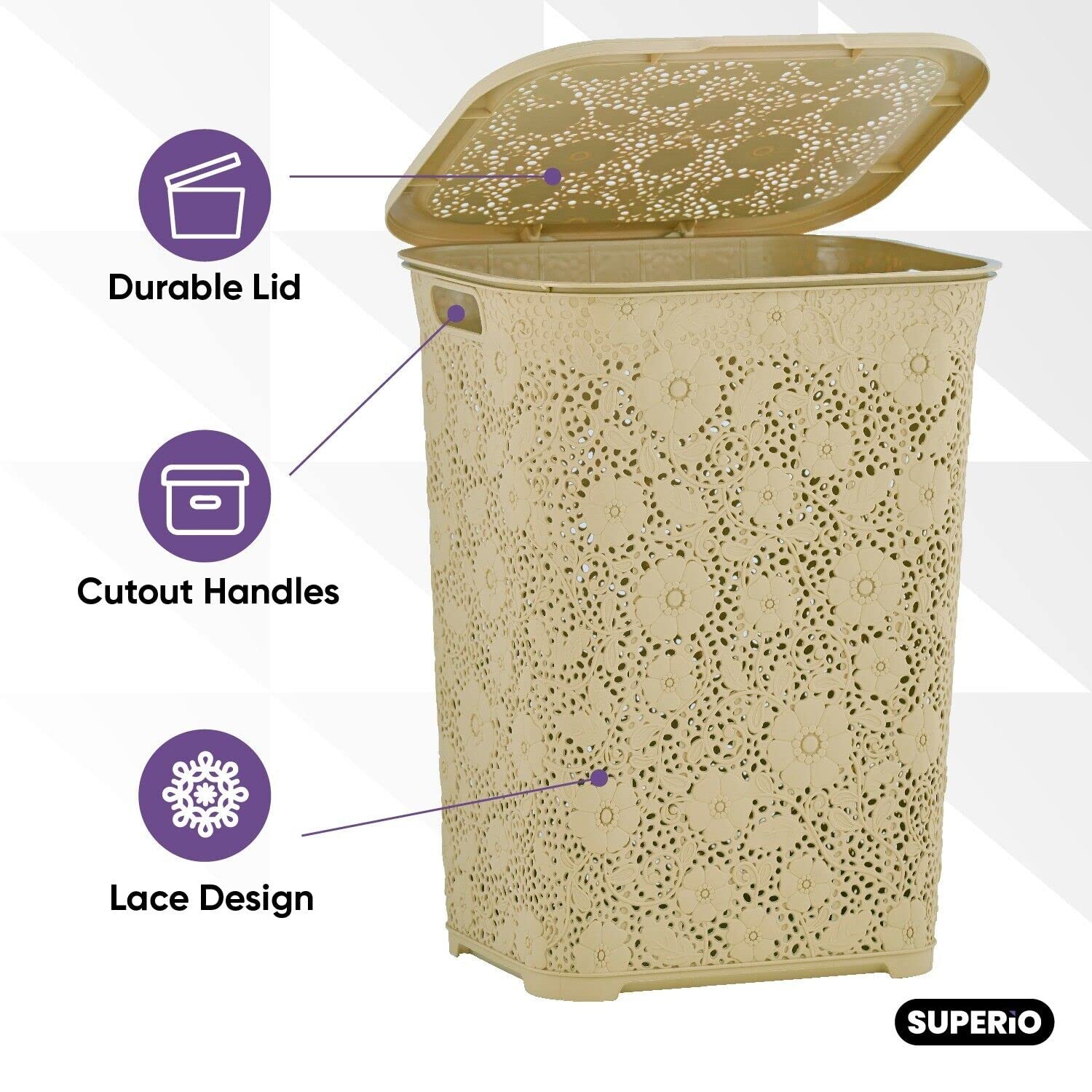 Superio Laundry Hamper with Lid Lace Design 50 Liter β 2 Pack Laundry Hamper Basket with Cutout Handles, Rectangular Shape Modern Style Bin -Dirty Cloths Storage (Beige 2 Pack)