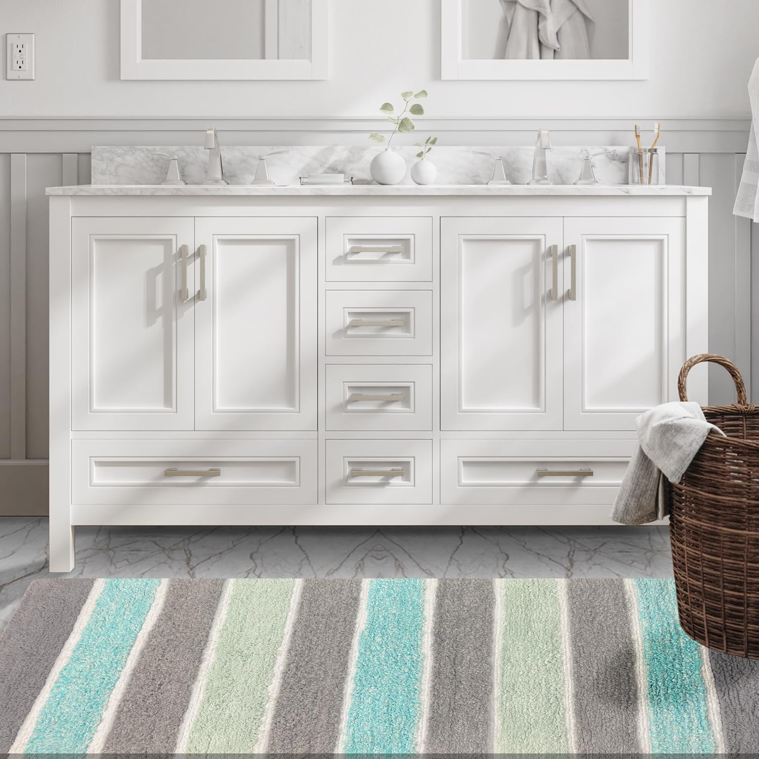 Chardin home Cordural Stripe Bath Rug Runner with Skid Resistant Latex Spray Underneath. Mint Green/Grey, 24" W x 60'' L