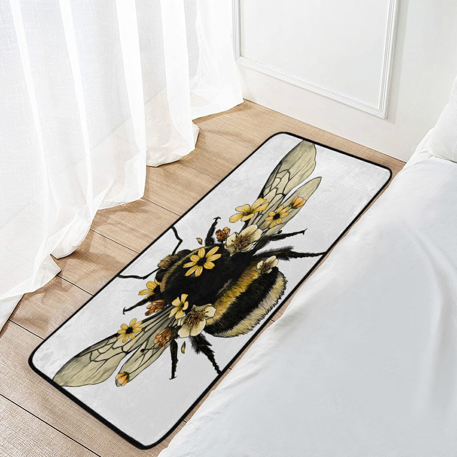 Bees Spring Kitchen Rugs Flowers Summer Bath Mat for Bathroom Absorbent Non Skid Washable Standing Floor Desk Mat Runner Carpet for Home Office Hallway Sink Stove Laundry 39X20 inches