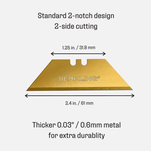 Berkling Utility Knife Blades Titanium Fully Plated 50-Pack With Dispenser, SK2H Laser Sharpened Hardened, Ultra 3X Sharper and 15X More Durable, Standard T-Shape for Most of Cutters & Knives