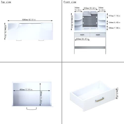 CIATRE White Elegant Vanity Set with 10 LED Light Bulbs, Cushioned Stool, and Ample Storage - Perfect for Makeup and Organization
