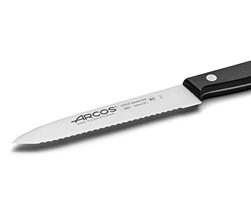 ARCOS Paring Knife 5 Inch Stainless Steel. Serrated Tomato Knife for Cutting and Chopping. Ergonomic Polyoxymethylene Handle and 130mm Blade. Series Universal. Color Black