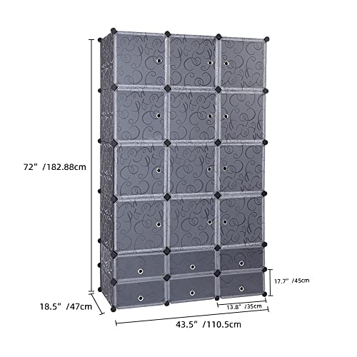 Cffuvros 18-Cube DIY Plastic Closet Cabinet, Storage Cube Organizer with Doors and Clothes Rod, Stackable Closet Shelf for Bedroom, Plastic Space Saver for Home, Living Room, Office
