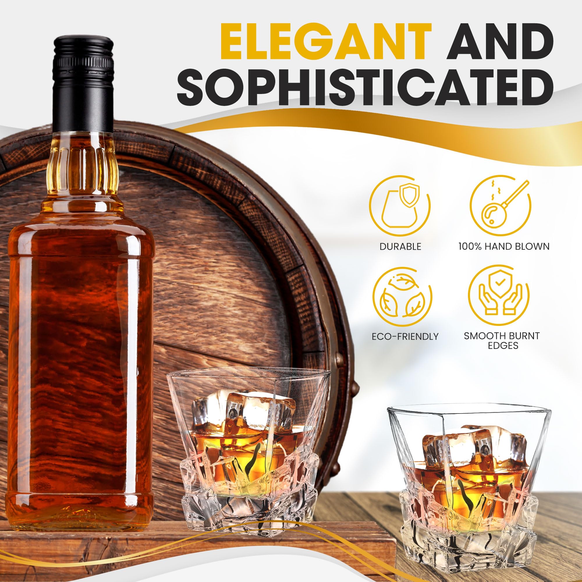BERKWARE Lowball Whiskey Glasses - Clear Old Fashioned Glasses with Square Top Design for Bourbon, Scotch & More, 9.5oz each (Set of 6)