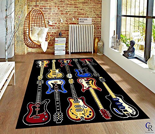Champion Rugs Modern Electric Guitars Rock and ROLL Music Theme Area Rug (5’ 3” X 7’ 5”)