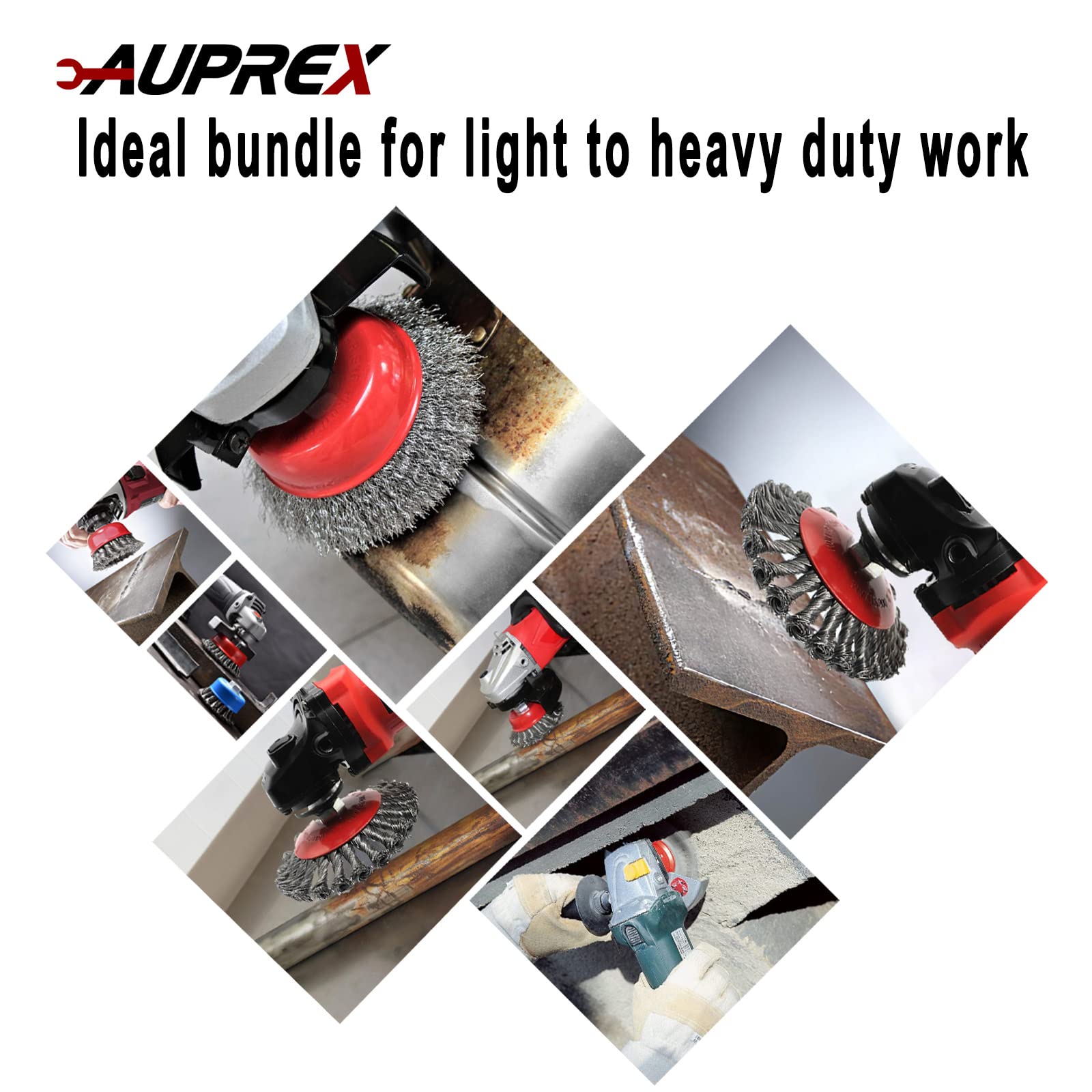 AUPREX 4 Pack Wire Wheel Brush for Angle Grinder, 4 Inch Angle Grinder Wire Wheel Set, 3 Inch Wire Cup Brush for 4 1/2 Angle Grinder, 5/8β-11 Thread Arbor, Twist Knotted Coarse Crimped Wire Brush Set