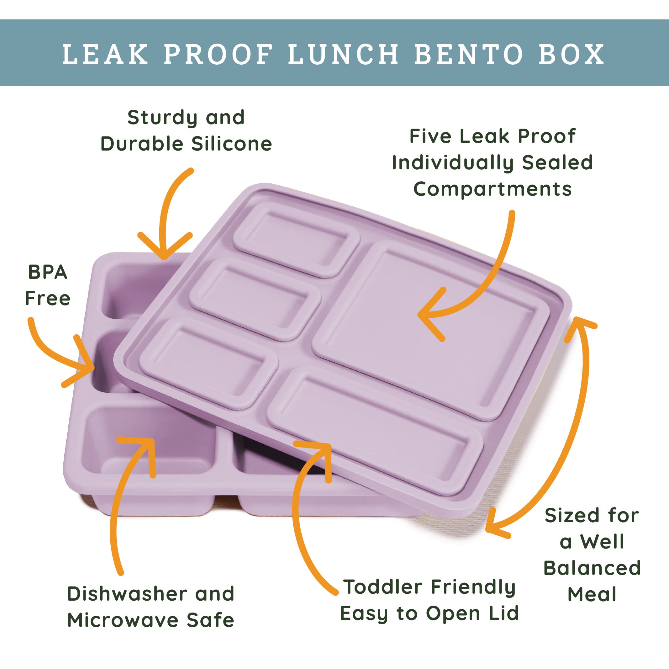 Austin Baby Co Leak-Proof Bento Lunch Box for Kids β Silicone Kids Lunch Container with 5 Leakproof Compartments β Food-Safe Materials, Sturdy, Dishwasher Safe, and BPA Free