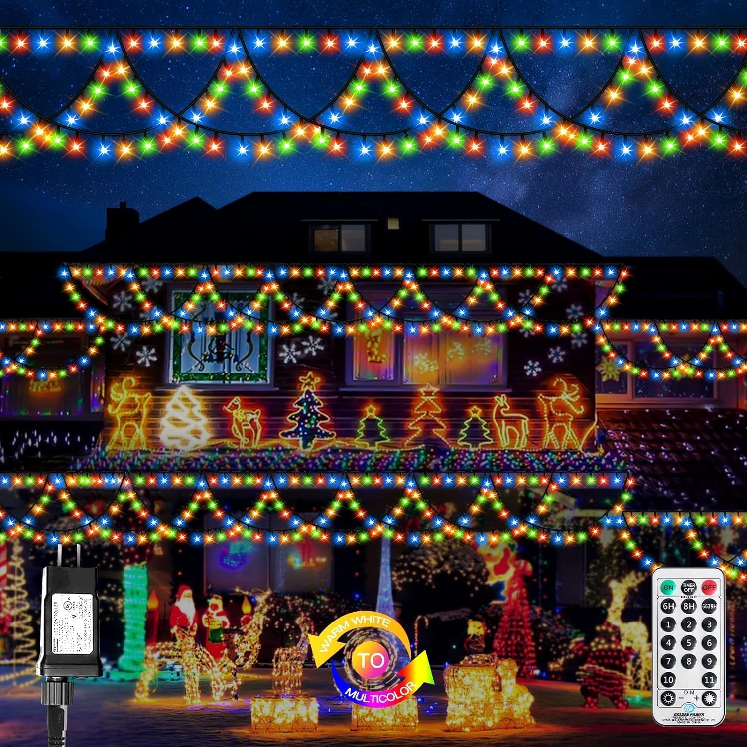 MZD8391 40FT 380 LED Christmas Lights Outdoor Indoor, Waterproof Christmas Icicle Lights, END to END Connect, Christmas String Lights for Christmas Decorations (Warm White & Multicolor)