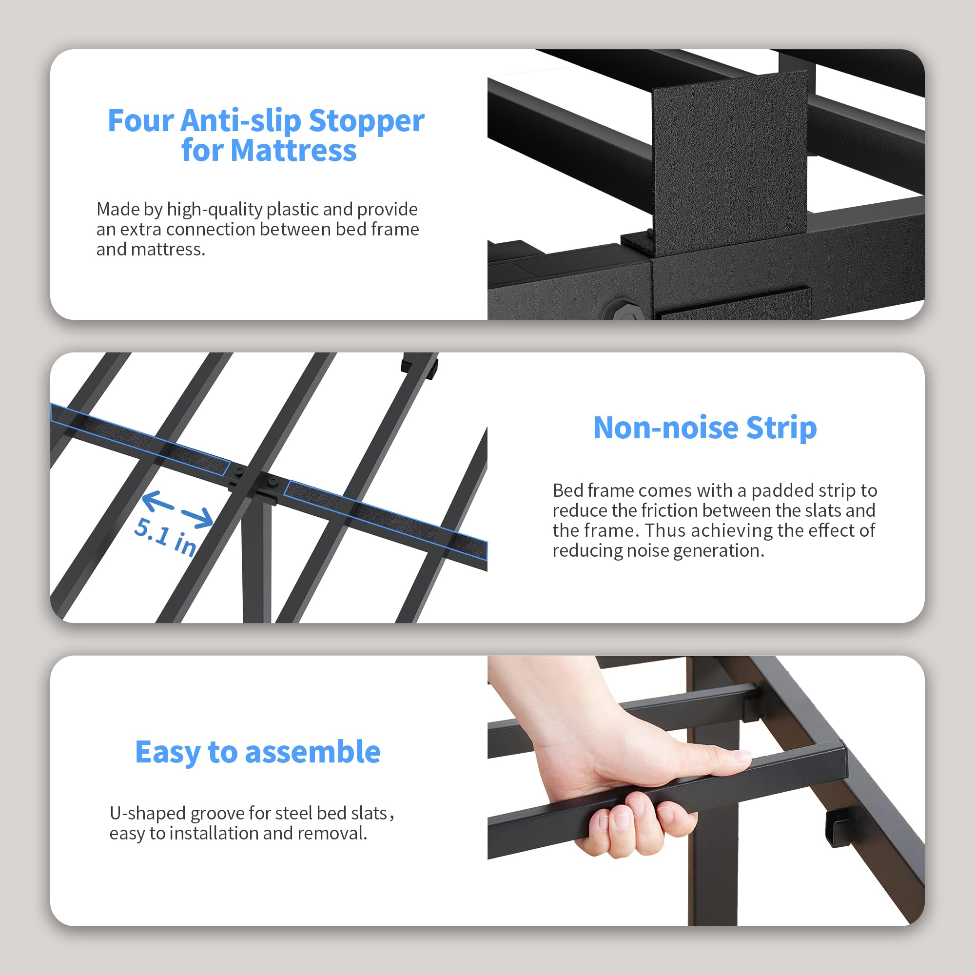 ROIL 18 inch Metal Full Bed Frame with Rounded Corner and Headboard Hole Mattress Retainers 3500LBS Heavy Duty Steel Slats No Box Spring Needed Platform Noise-Free Easy Assembly