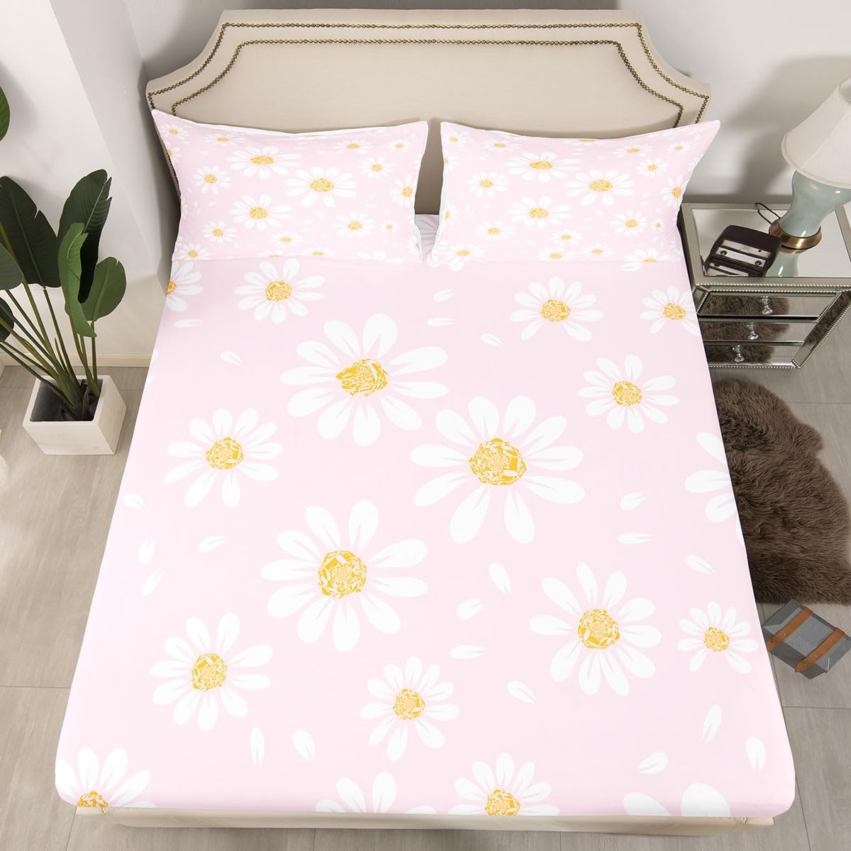 White Daisy Kids Fitted Sheet Full Size,Flowers Plants Rustic Farmhouse Bedding Set,Girls Boys Adults Room Decor,Botanical Florals Theme Bed Cover,Pink Romantic Bed Sheet,2 Pillowcases(Not Flat Sheet)