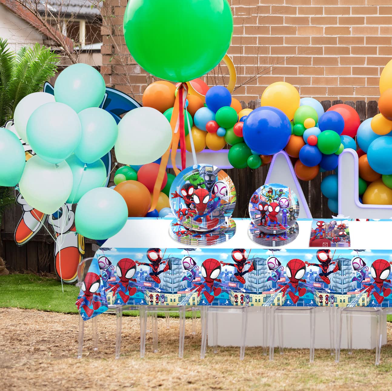 Eazyco Spidey and His Amazing Friends Balloon, 1 Tablecover, 20 Plates, 20 Napkins, Unisex, Birthday Party Supplies