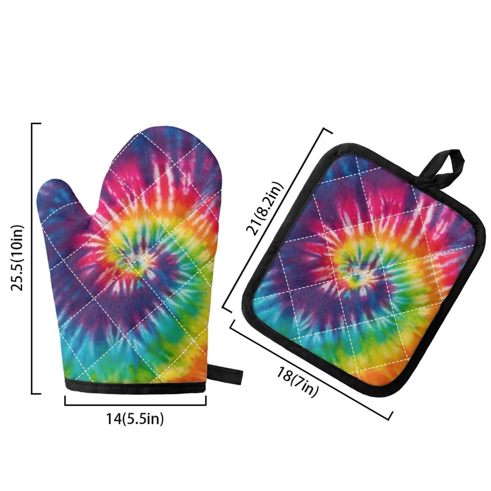 BIGCARJOB Set of 2 Pack Kitchen Oven Gloves Pot Pads with Rainbow Tie Dye Printed Oven Mit Set Womens Girls BBQ Gloves Pot Mats Potholders for Kitchen Baking Cooking