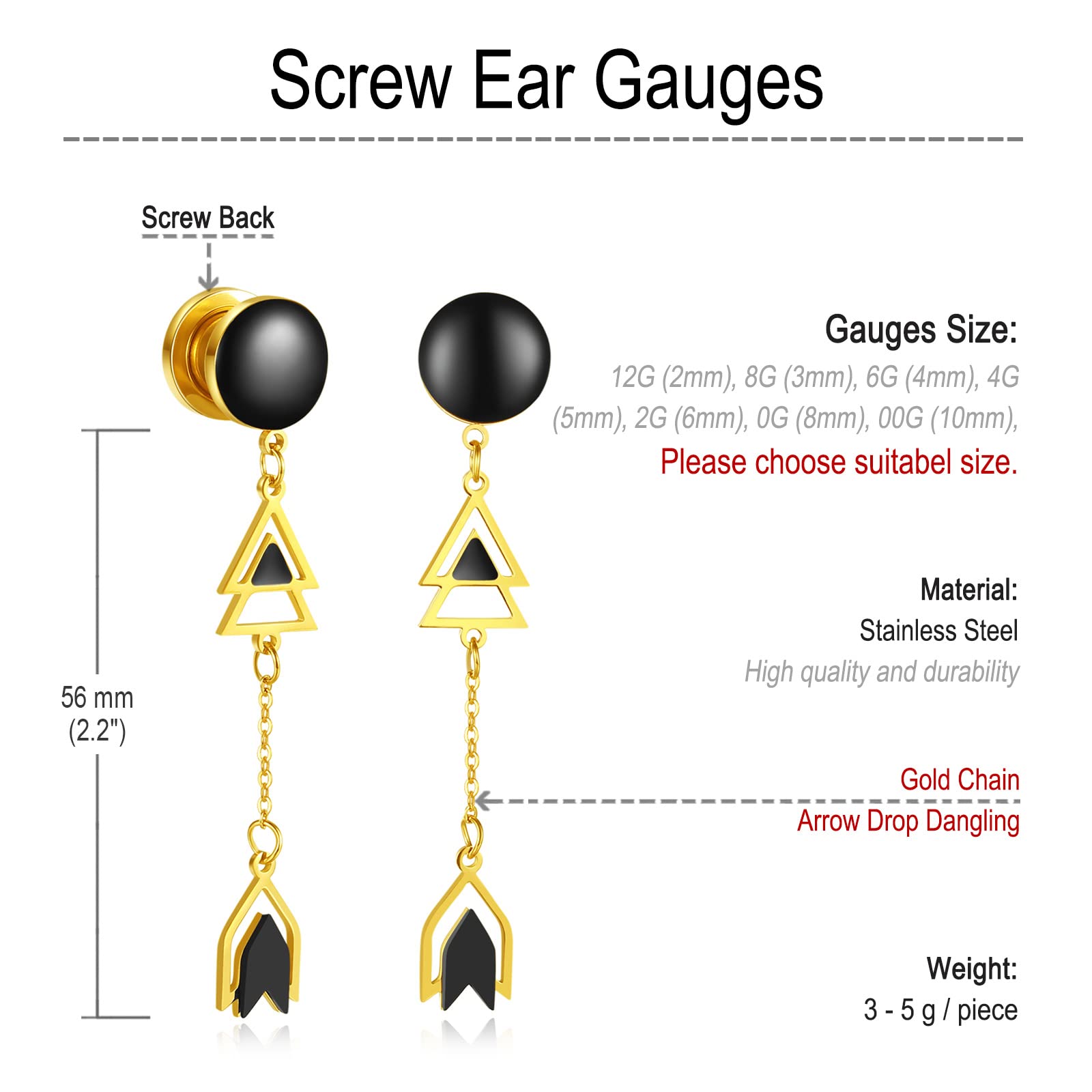 AntDear 2Pcs Dangle Gauges for Ears Plugs Earrings for Women, Double Flared Piercing Jewelry Stretching Screw Ear Tunnels With Gold Chain Arrow Drop (8G(3mm))