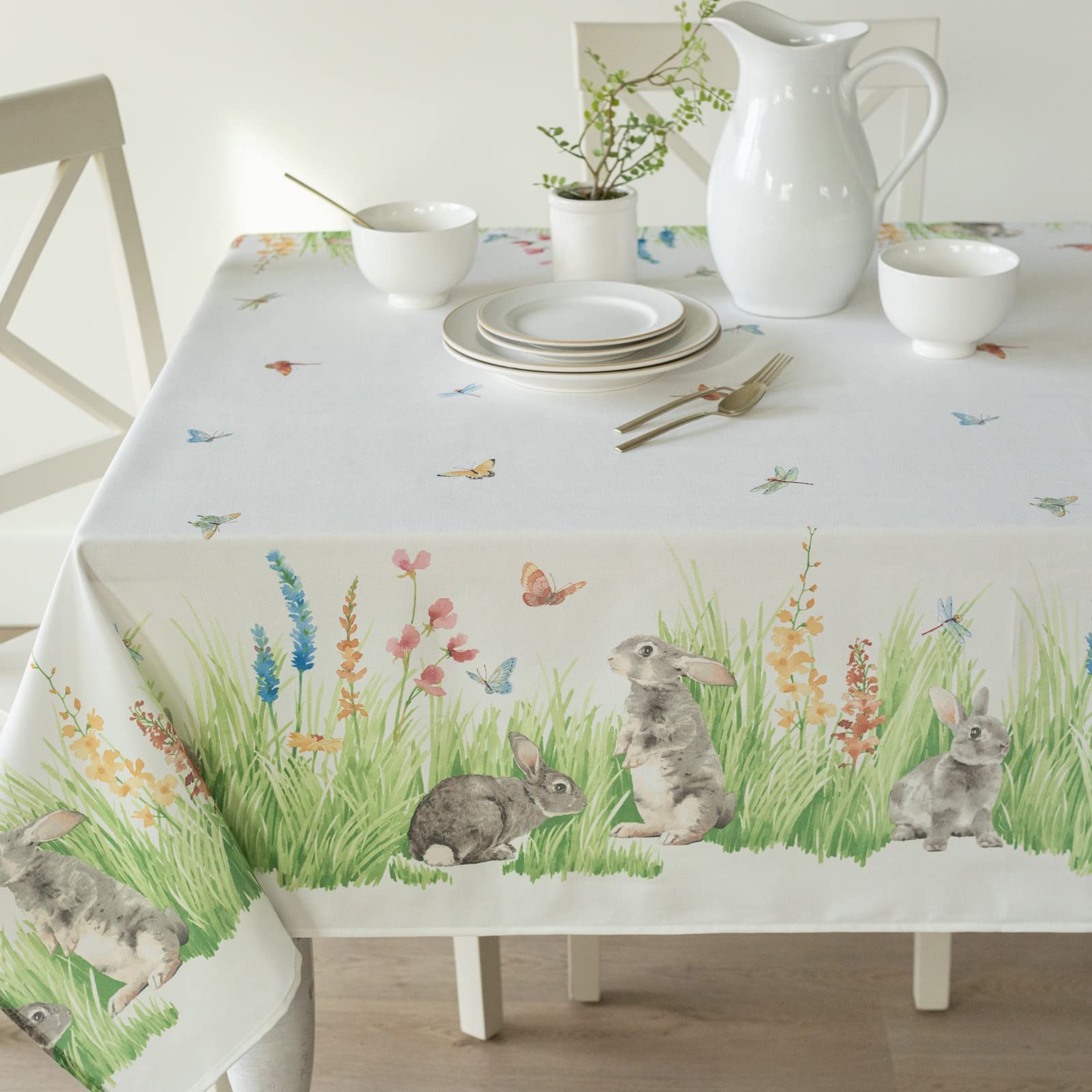 Benson Mills Bunny Meadow Easter Heavyweight Fabric Tablecloth, Spillproof Indoor/Outdoor Spring and Easter Table Cloth (60" x 84" Rectangular, Bunny Meadow)