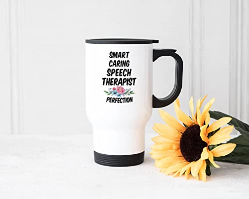 Casitika Speech Pathologist Gifts. 14 Oz Speech Therapy White Steel Travel Mug. Novelty Cups For Slp Teachers, Students Or Co-workers.