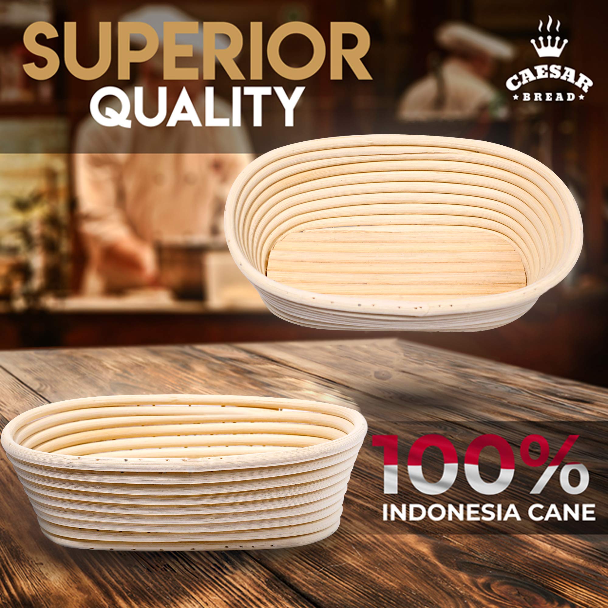 Banneton Bread Proofing Basket By Caesar Bread, 10 Inch Oval Sourdough Brotform For Rising Dough Set, Include Cloth Liner, Scraper, Bread Lame, Brush & Recipe Book For Beginners & Professional Bakers