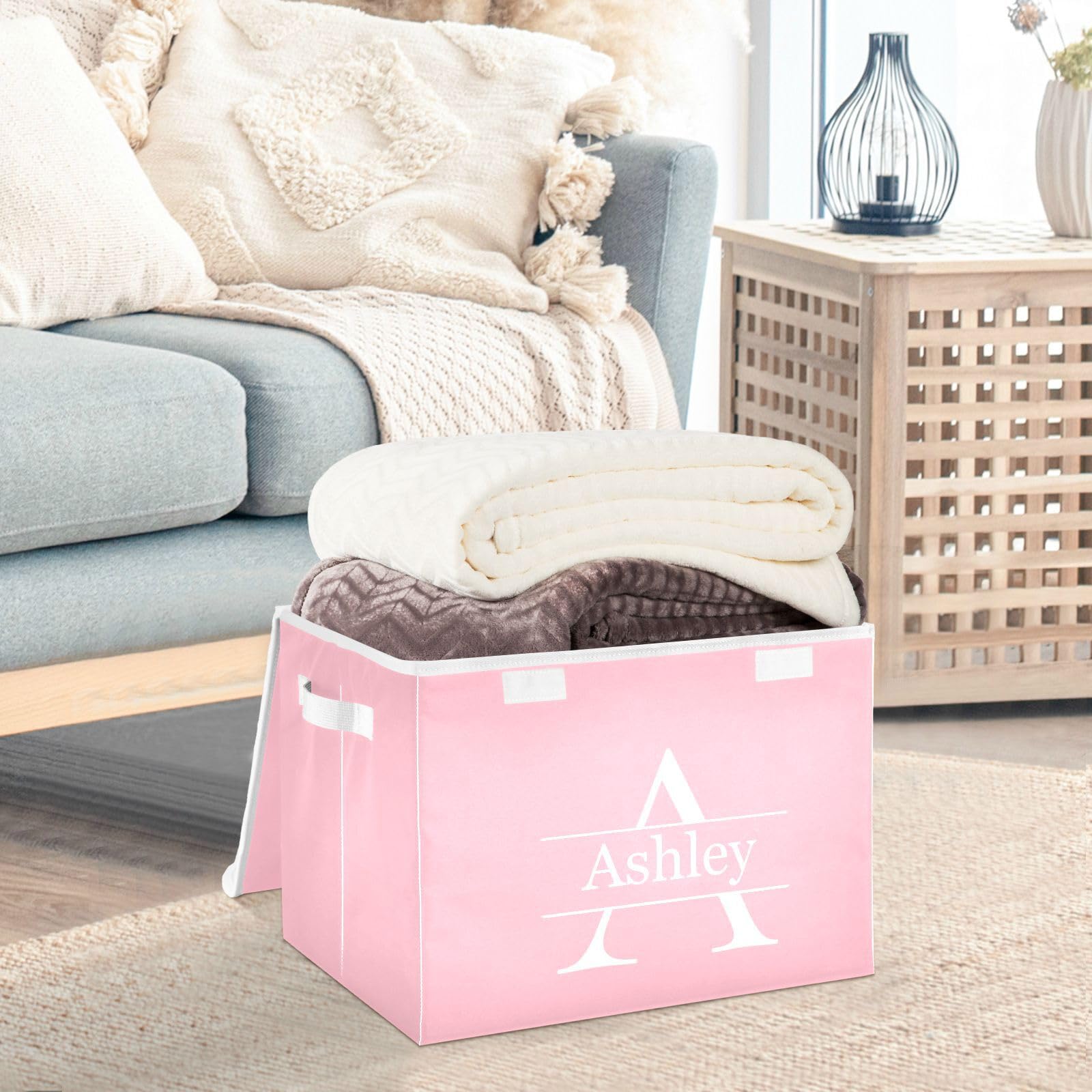 Light Pink Custom Storage Bins with Lid Foldable Personalized Name Storage Box Basket with Handle Shelf Basket Closet Organizer for Clothes Home Bedroom