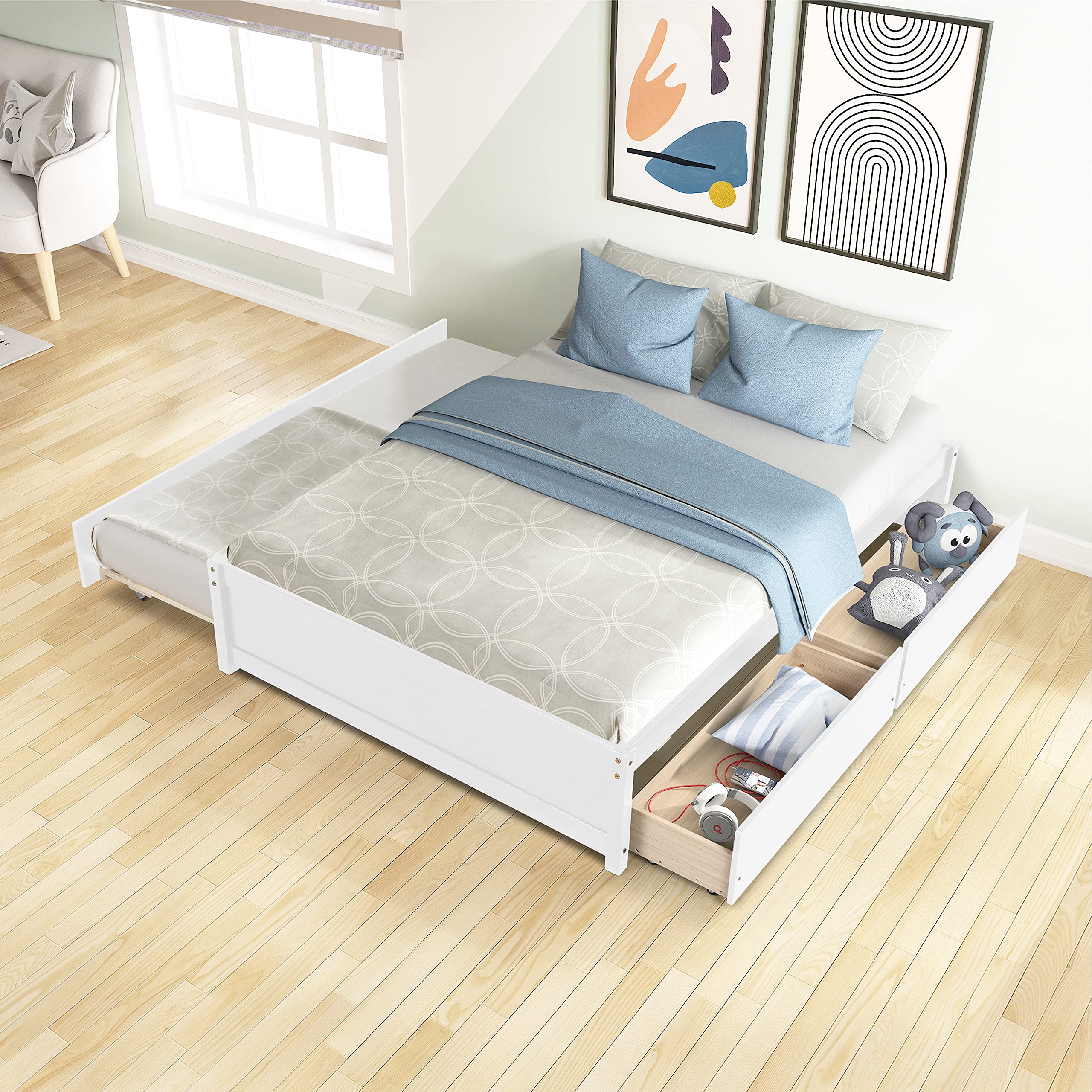 CITYLIGHT Full Bed with Trundle and Storage, Wood Platform Frame Full Bed with Trundle and Drawers, Space-Saving Full Bed for Kids, Boys, Girls, Teens, White