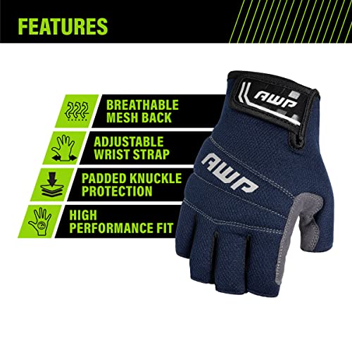 AWP Pro Fingerless Work Gloves for Men And Women, Form-Fitting Performance Design, Large, Navy Blue