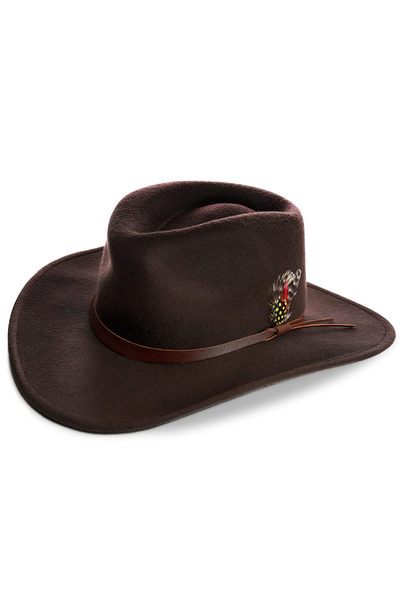 BABEYOND 100% Wool Felt Outback Fedora Hat for Men Wide Brim Cowboy Panama Hat with Leather Band and Feather Brown