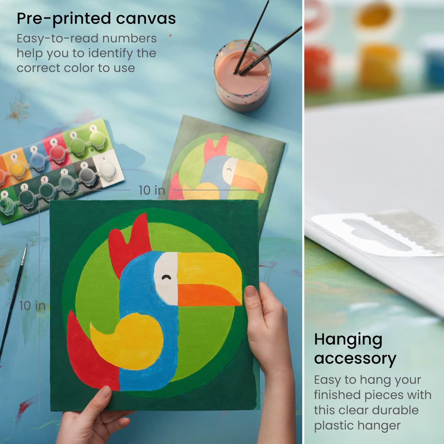 Arteza Kids Paint by Numbers Kit, 10 x 10 Inches, Pre-Printed Animal Canvas Painting Kit with 2 Canvases, 24 Acrylic Paint Pots, 3 Paintbrushes, Art Supplies for Developing Hand-Eye Coordination