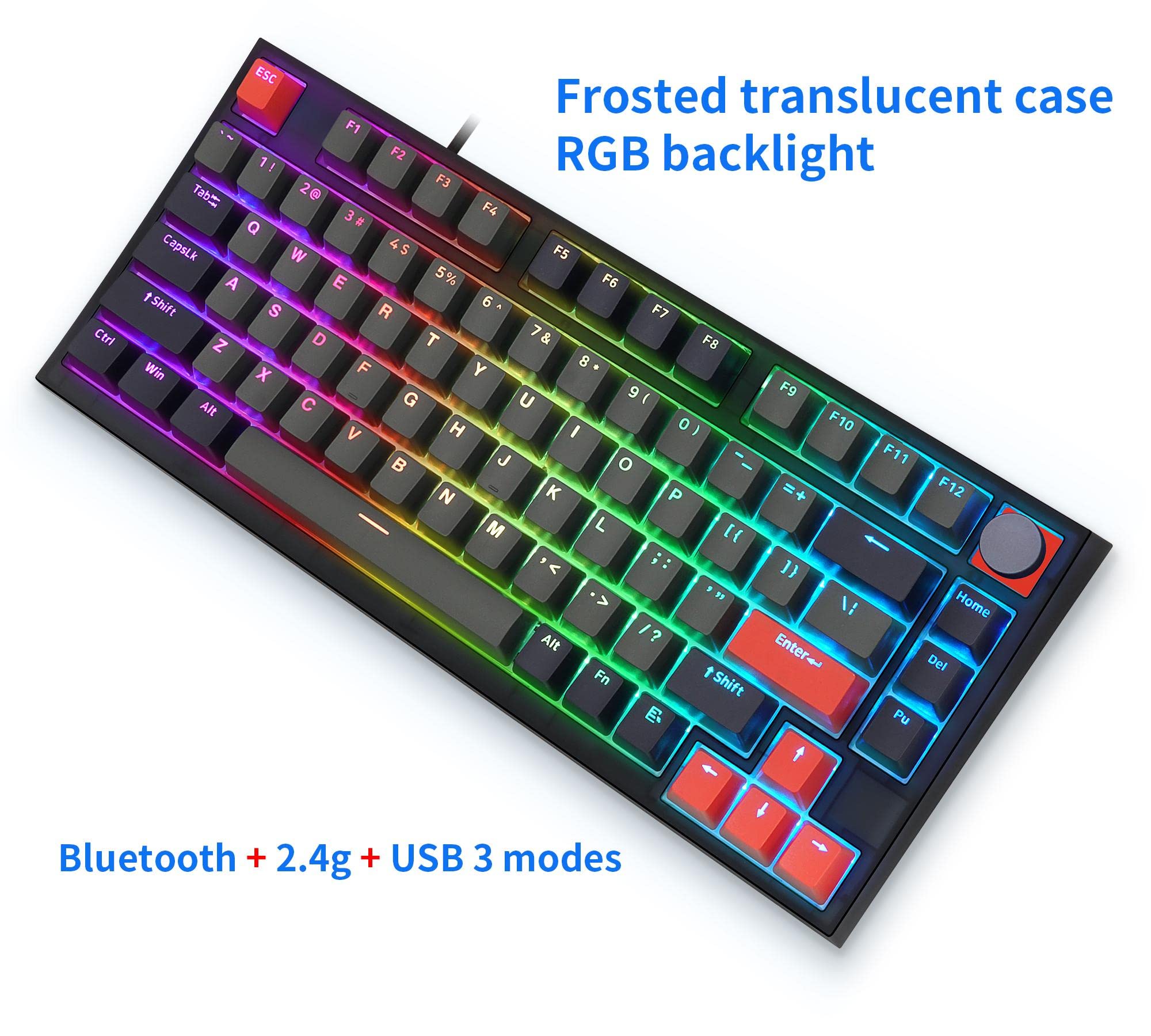 BOYI GK75 Tri-Mode 75% Keyboard with Knob Hot Swappable RGB Mechanical Keyboard,2.4Ghz/Bluetooth 5.0/Wired Keyboard 80 Keys Programmable Gmaing Keyboard (Skyloong White Switch,Dark-Gray Theme)
