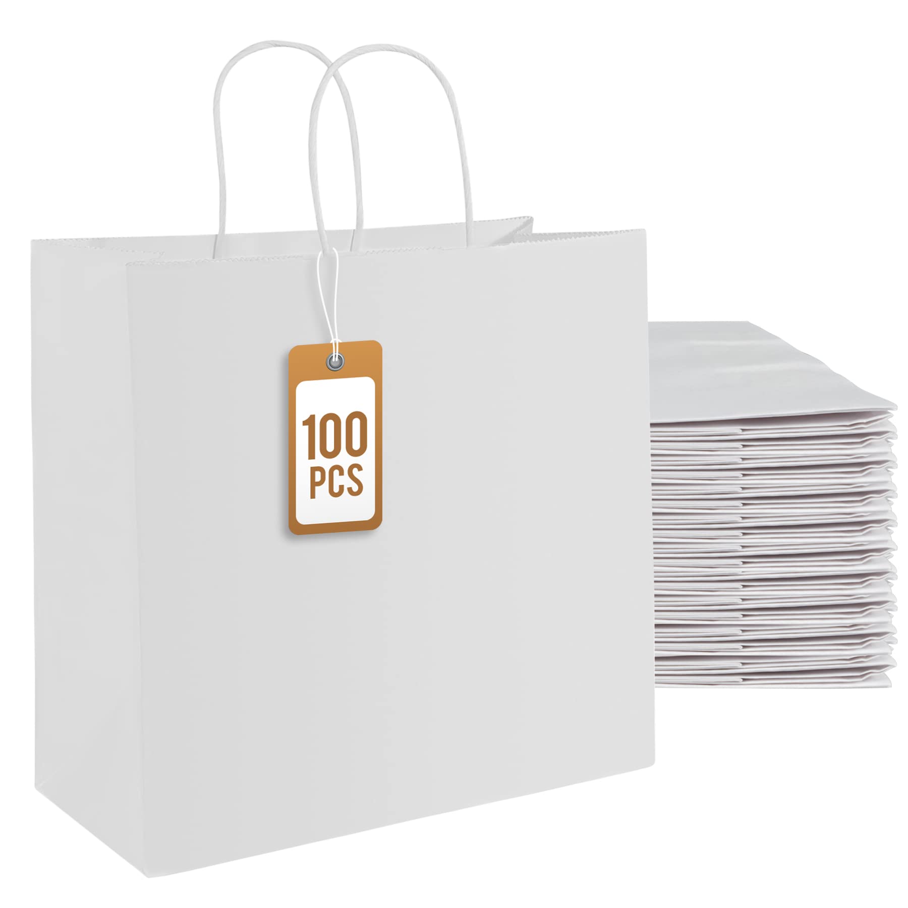 PAICUIKE White Kraft Paper Bags With Handle, Retail Shopping Bags Bulk, Gift Bags Large For Lunch, Takeaway, Grocery, Party and Wedding 11Ă6Ă11" 100Pcs