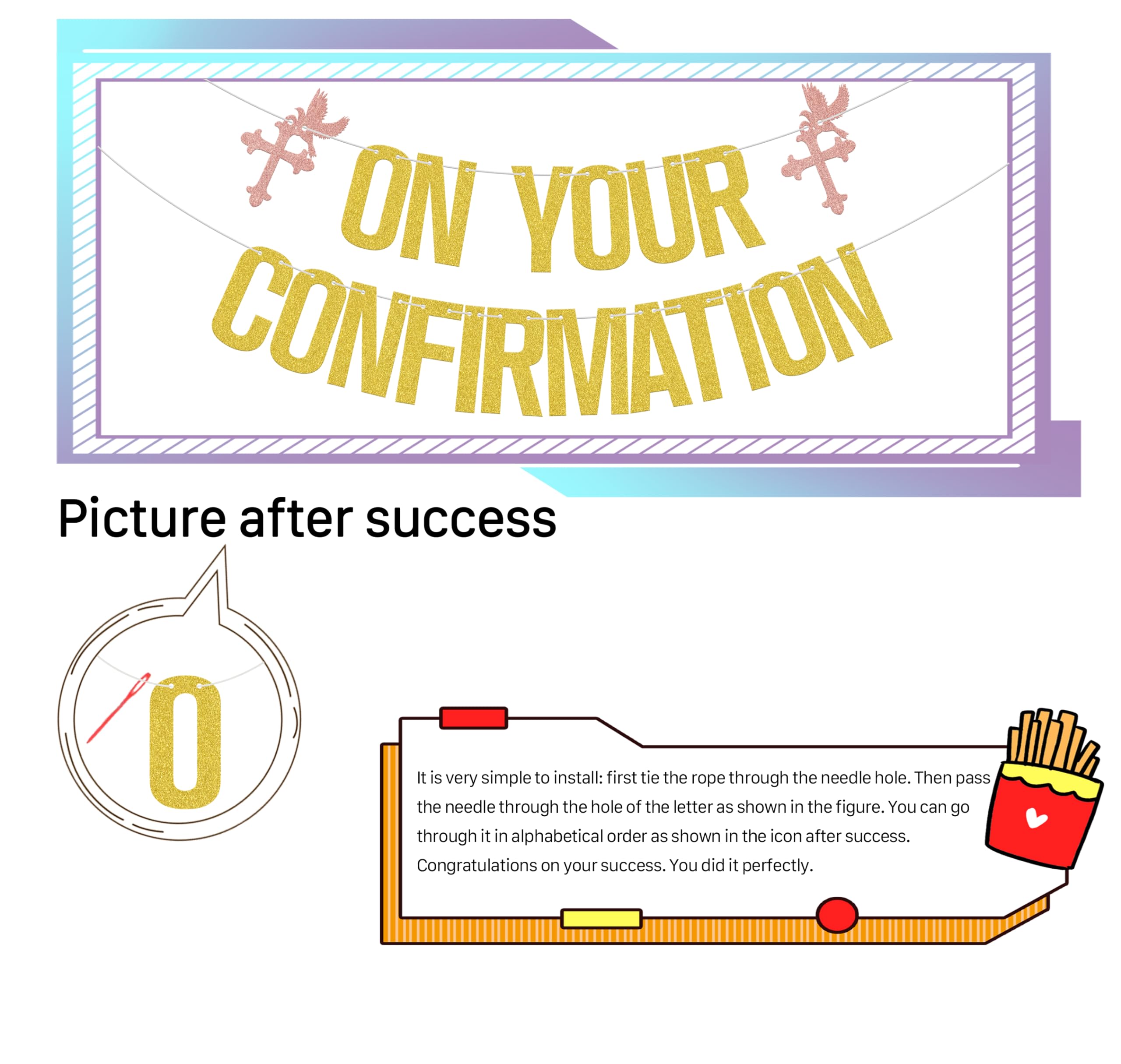 On Your Confirmation Banner, Holy Confirmation Banner Decorations, Bachelorette, Engagement, Bridal Shower, Wedding Anniversary Party Decorations Supplies Gold Silver Glitter