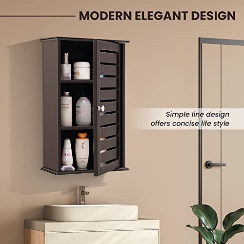 COSTWAY Wall Mounted Bathroom Cabinet, Wooden Storage Cabinet with 2 Adjustable Shelves and Reversible Door, Versatile Hanging Medicine Cabinet for Living Room, Kitchen, Entryway (Brown)