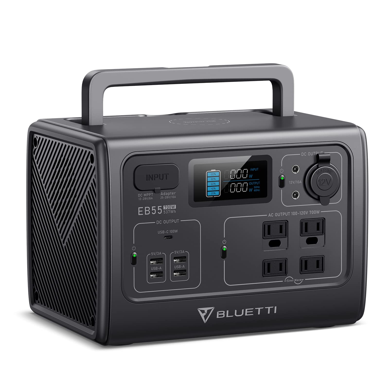 BLUETTI Portable Power Station EB55, 537Wh LiFePO4 Battery Backup w/ 4 700W AC Outlets (1400W Peak), 100W Type-C, Solar Generator for Outdoor Camping, Off-grid, Blackout (Solar Panel Optional)