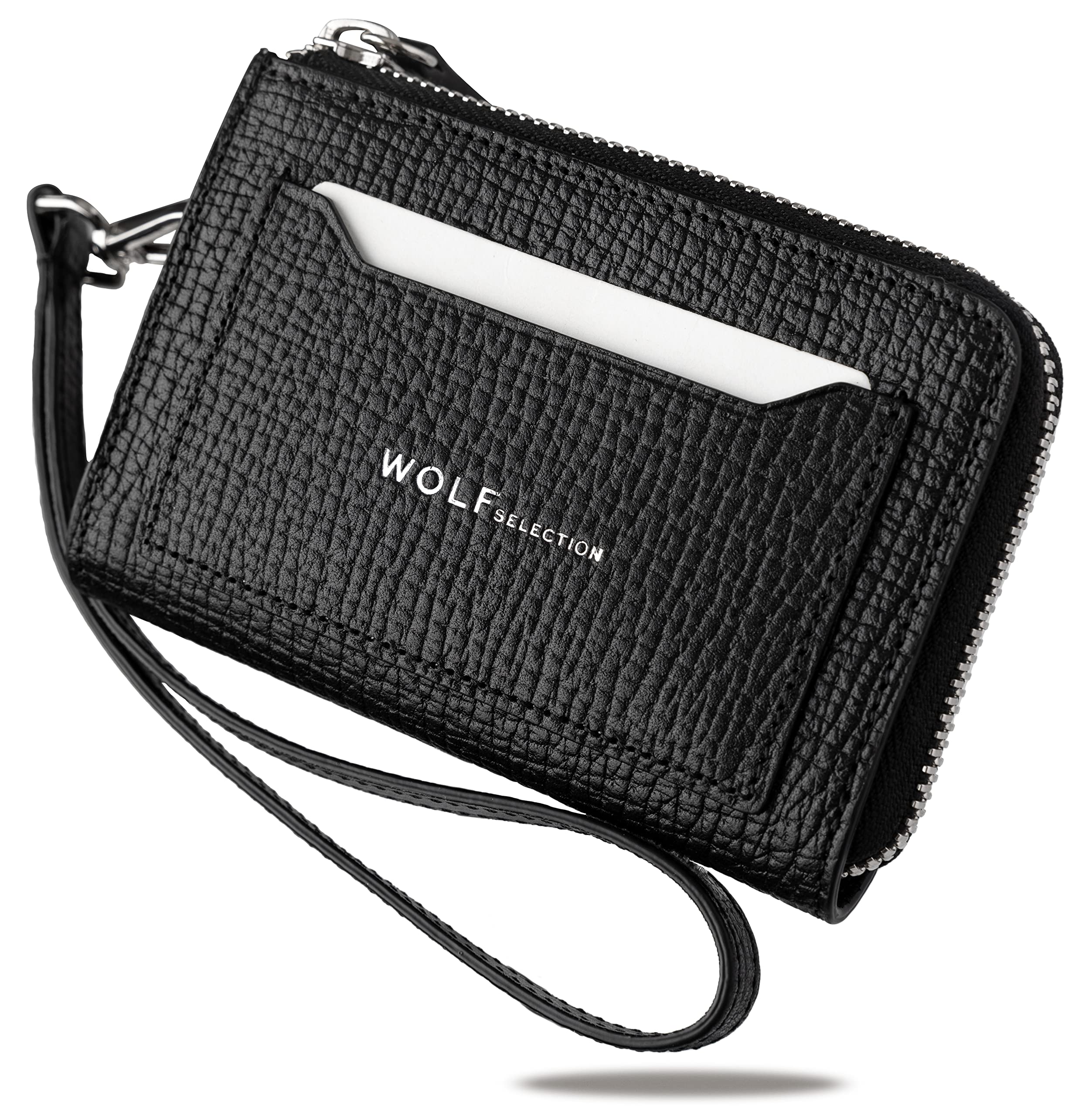 WOLFselection Genuine Leather Wallet with Wrist Lanyard for Men Women - Key and Credit Card Holder Wallets - Zip Wallet for Cash Notes ID Driver's License