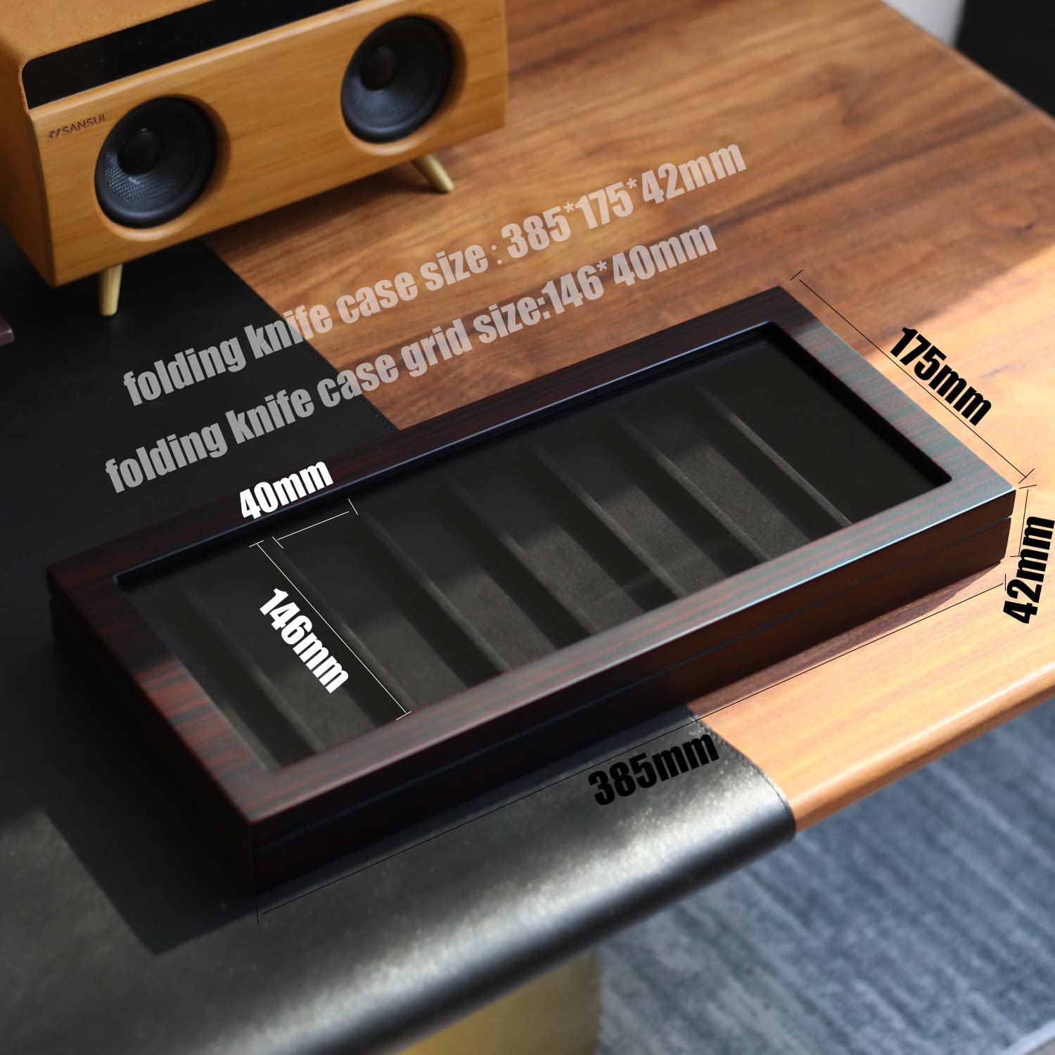 Besforu Knife Display Case Organizer storage 8 pocket knives, Folding Knife Holder with Real Glass Window Top, Pocket knife collection box for men gift (Ebony Veneer 8 slot)