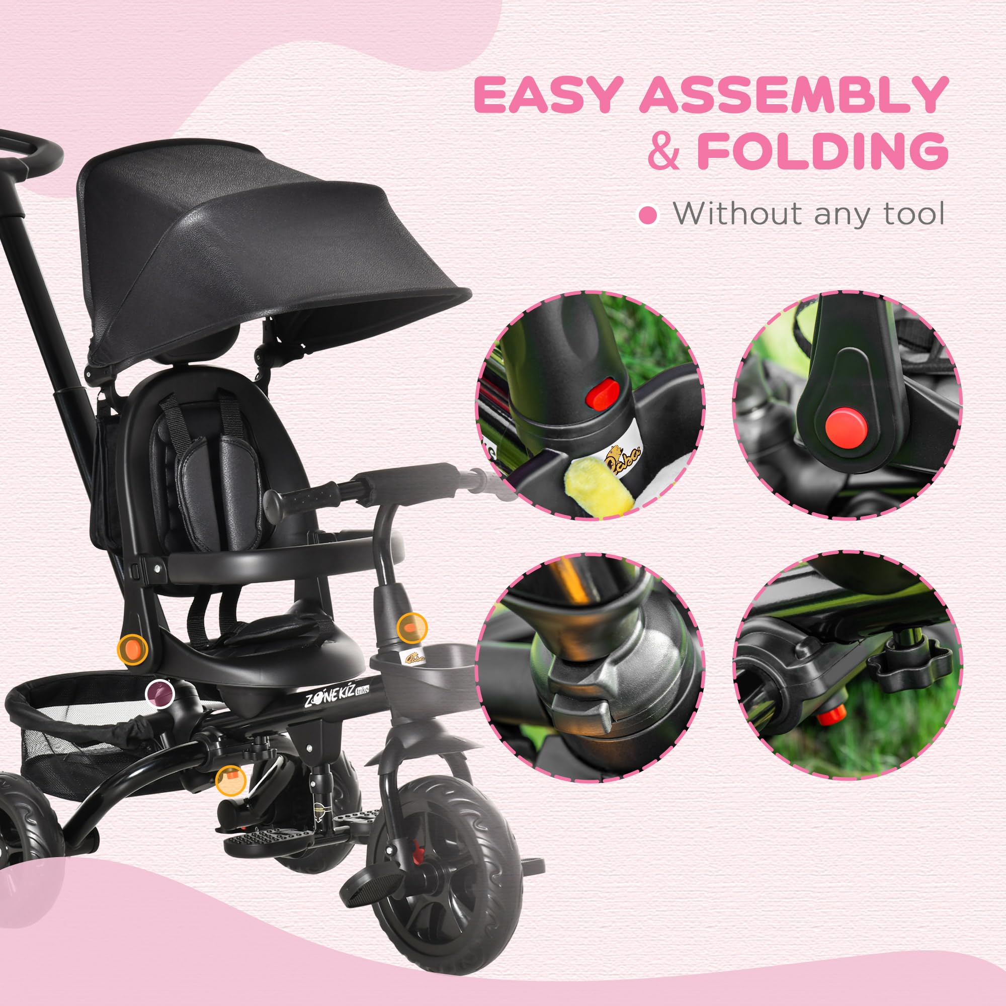 Qaba Kids Tricycle 4 in 1 Trike with Reversible Seat, 2.8'-3.1' Height Push Handle, Canopy, Handrail, Safety Belt, Storage Footrest Brake Clutch, for 1-5 Years Old, Black