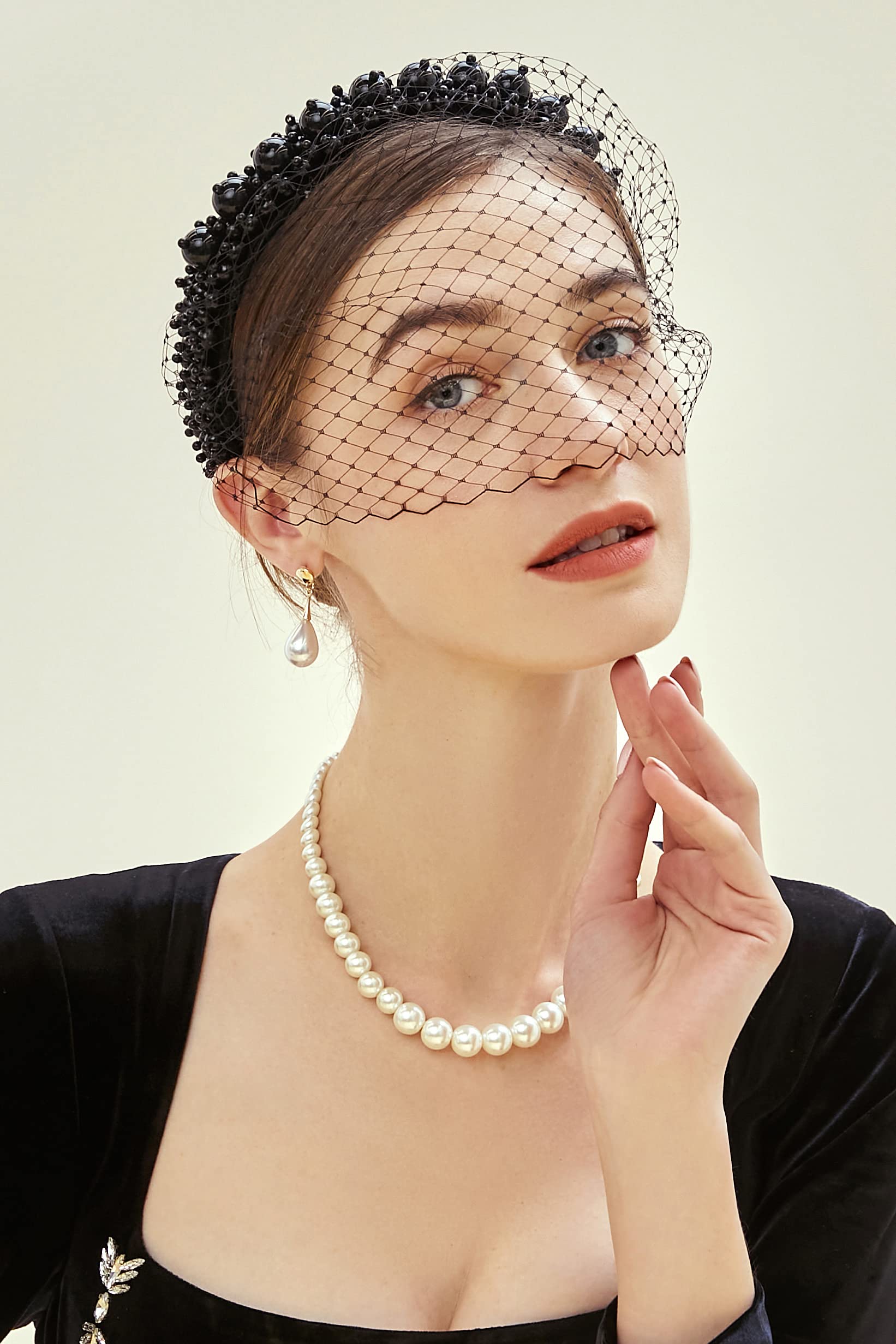 BABEYOND 1920s Flapper Fascinator Mesh Pearl Veil Headband Bridal Wedding Tea Party Fascinator Veil for Women
