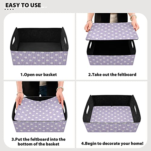 CaTaKu Foldable Storage Basket Purple Polka Dots Collapsible Felt Storage Bins with Handle Drawer Organizer Bin Cube Shelf Box for Organizing Closet Clothes Office Books Bedroom