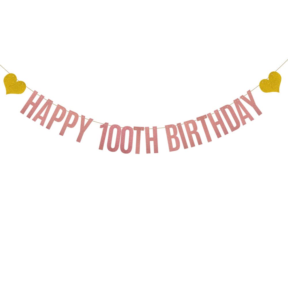 HAPPY 100TH BIRTHDAY Banner,Pre-Strung,Rose Gold Glitter Paper Garlands for Woman's 100 Years Old 100TH Birthday Party Decorations,Letters Rose Gold,ABCpartyland