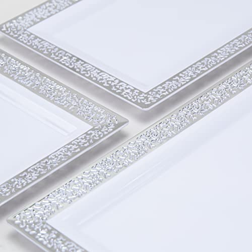 BBG 12Pcs Plastic Silver Serving Trays and Platters Set, 13.77 * 8.46β White with Silver Lace Design, Rectangular Plastic Food Platters, Disposable Serving Tray for Party Weddings Reception Buffet