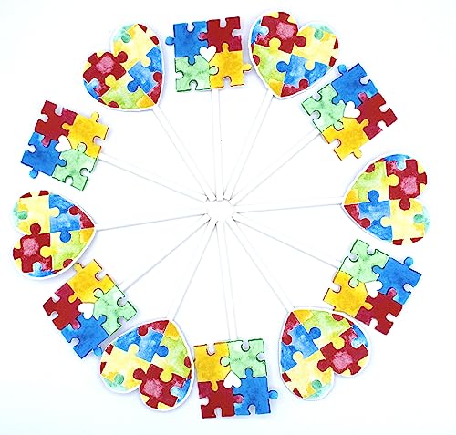 Autism Cupcake Toppers 12 pcs, Puzzle Cake Picks, Colorful Heart Birthday Decoration Party Supplies