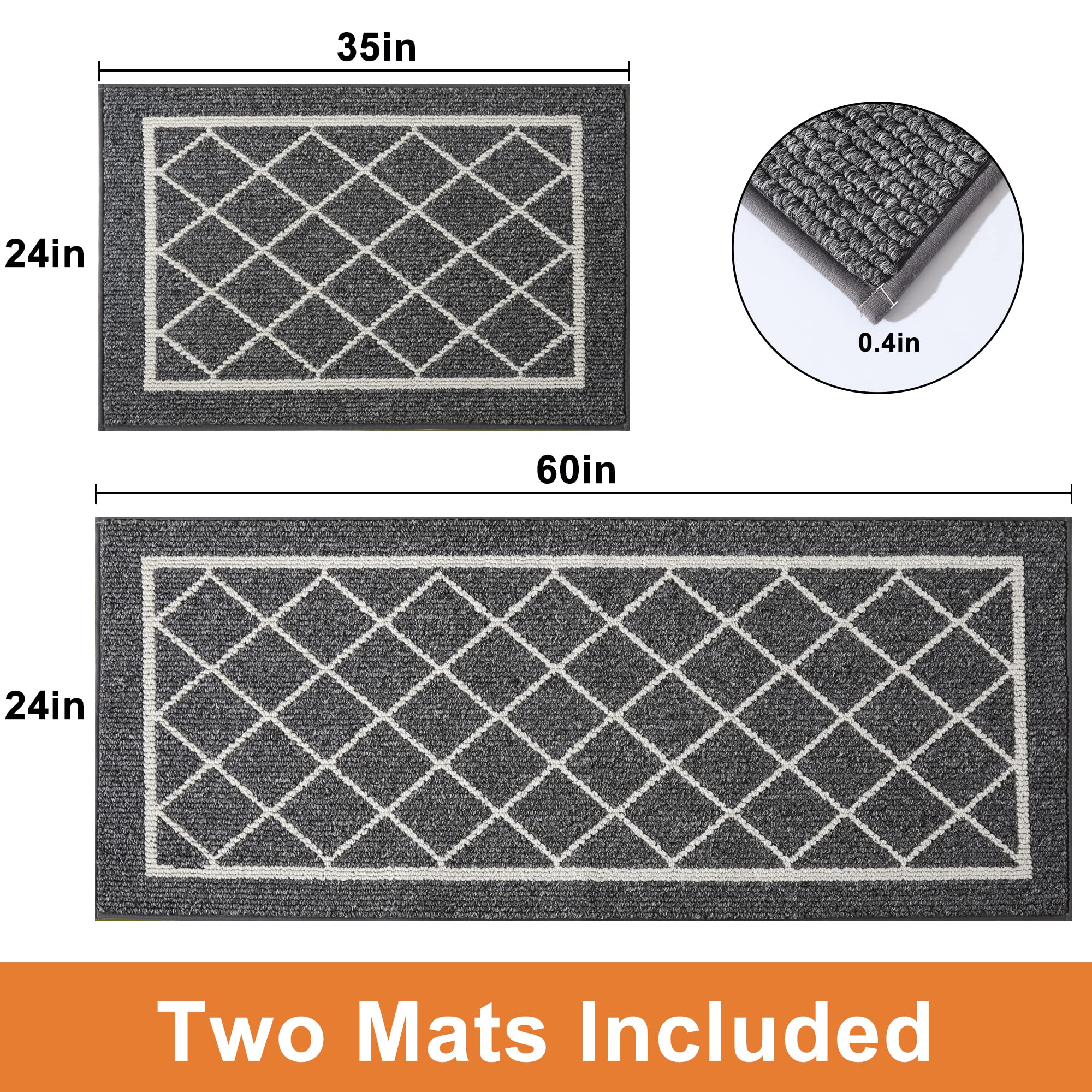 BEQHAUSE-Kitchen-Rugs-Non-Slip-Kitchen-Mats-for-Floor Machine Washable Kitchen Mats 2 Pieces Grey Kitchen Runner Carpet with TPR Backing 24x35inch/24x60inch