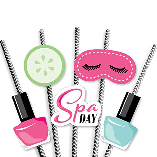 Big Dot of Happiness Spa Day - Paper Straw Decor - Girls Makeup Party Striped Decorative Straws - Set of 24